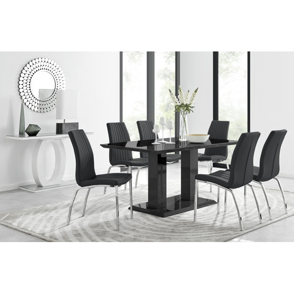 East Urban Home Eubanks High Gloss Double Pillar Dining Table Set with 6 Luxury Faux Leather ...